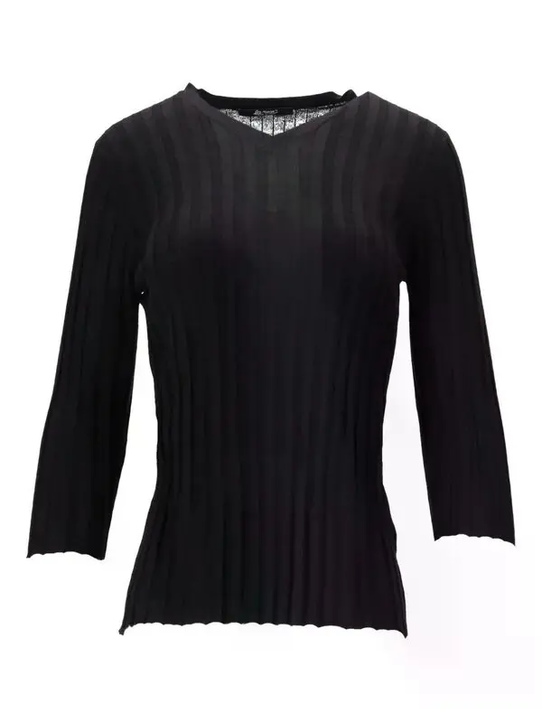 LA ROSE V-neck Ribbed Knit Sweater With Three-quarter Sleeves - Black