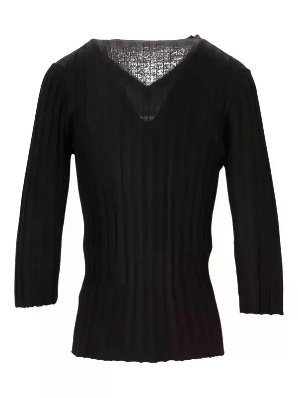 LA ROSE V-neck Ribbed Knit Sweater With Three-quarter Sleeves - Black