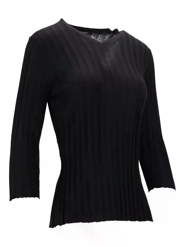 LA ROSE V-neck Ribbed Knit Sweater With Three-quarter Sleeves - Black