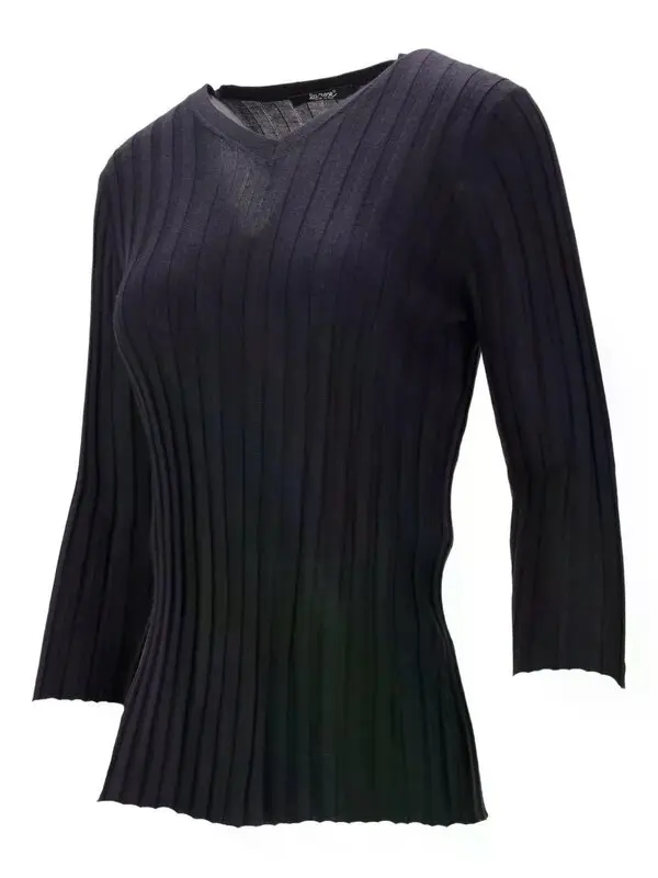 LA ROSE V-neck Ribbed Knit Top With Three-quarter Sleeves - Blue