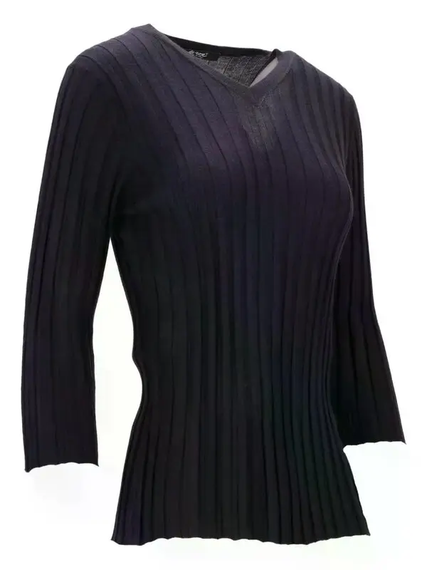 LA ROSE V-neck Ribbed Knit Top With Three-quarter Sleeves - Blue