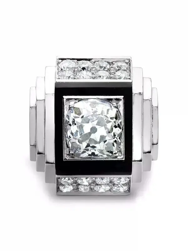 RENE BOIVIN Platinum Art Deco Cocktail Diamond And Onyx Ring