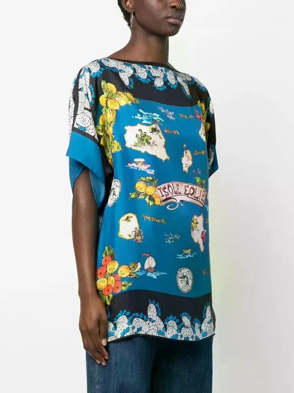 Dolce & Gabbana 2000s Printed Silk Boat Neck Blouse