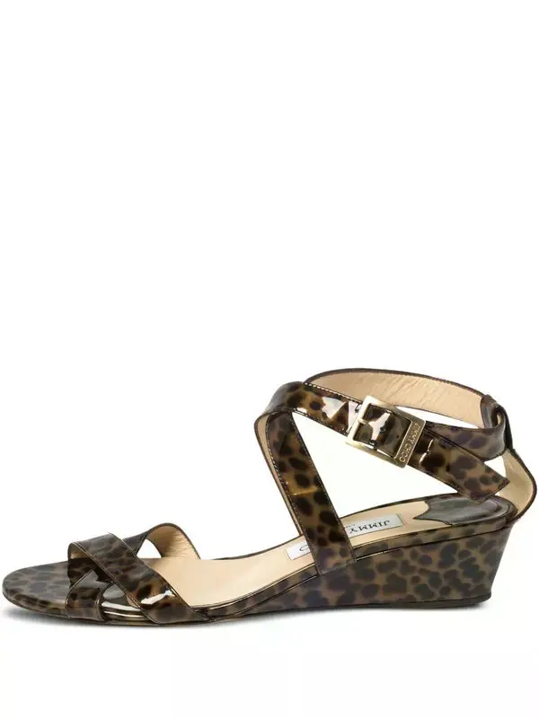 JIMMY CHOO Leopard-print Patent Leather Wedge Sandals - Brown