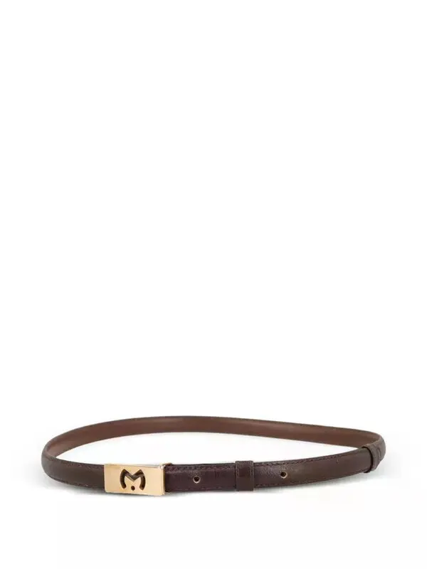 MILA SCHON Leather Skinny Belt With Gold-tone Logo Plaque - Brown
