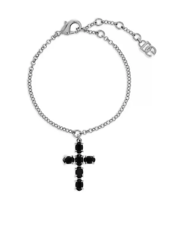 Dolce & Gabbana Tone Black Stone Cross Pendant Fine-link Bracelet - Silver