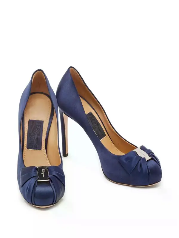 FERRAGAMO Navy Satin Round Toe Bow Detail High Heel Pumps