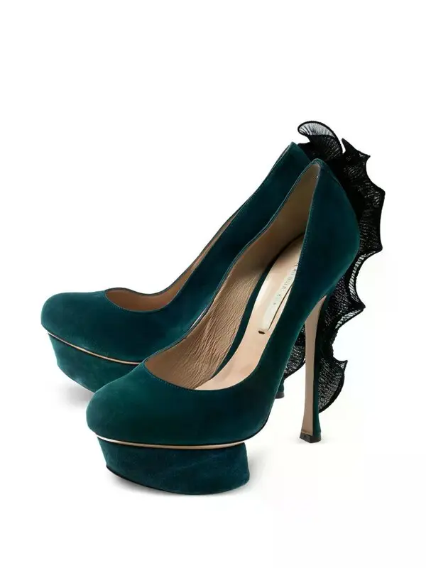 NICHOLAS KIRKWOOD Forest Green Suede Platform Ruffle Trim High Heel Pumps - Blue