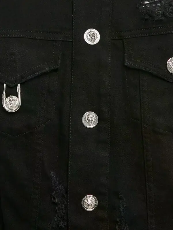 VERSUS Distressed Denim Jacket With Lion Head Buttons