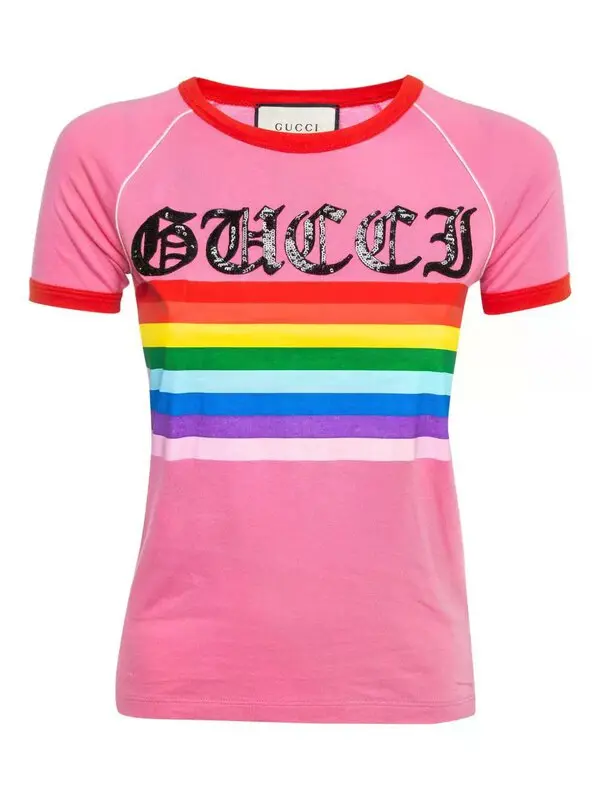 Gucci Sequin Embellished T-shirt With Rainbow Stripe Detailing - Pink
