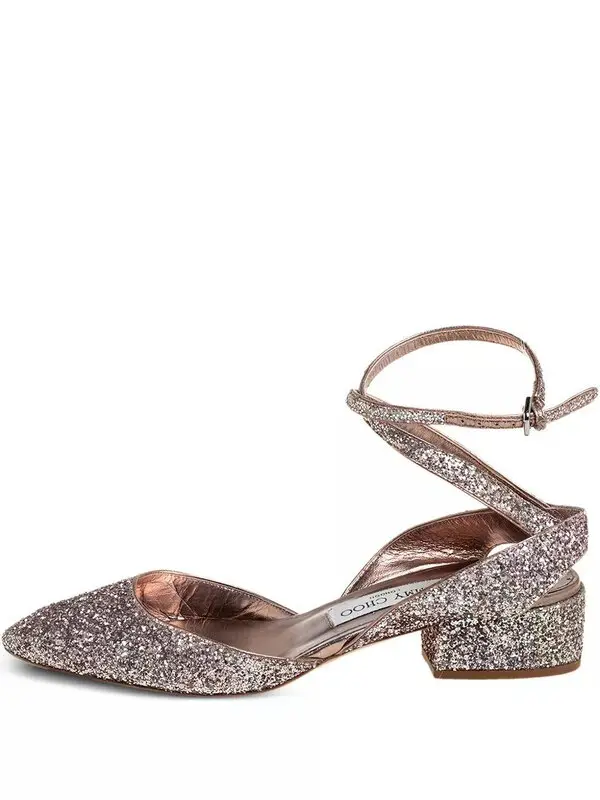 JIMMY CHOO Glitter Pointed Toe Ankle Strap Low Block Heel Sandals - Silver