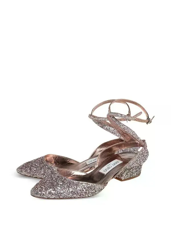 JIMMY CHOO Glitter Pointed Toe Ankle Strap Low Block Heel Sandals