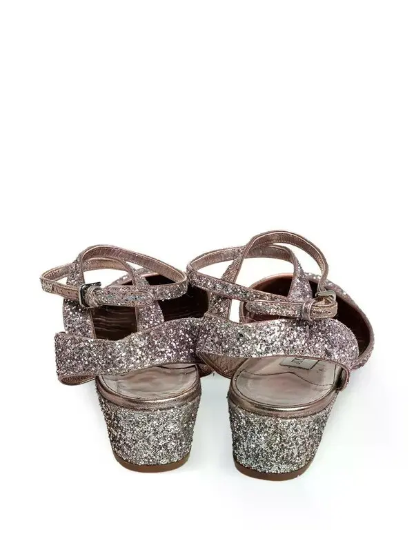 JIMMY CHOO Glitter Pointed Toe Ankle Strap Low Block Heel Sandals