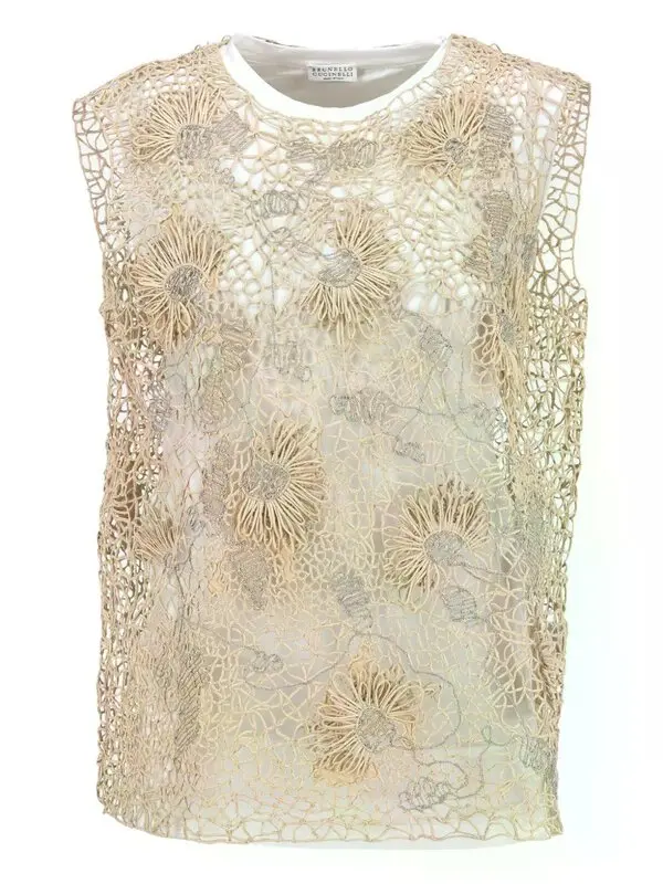 Brunello Cucinelli Floral-embroidered T-shirt - Neutrals