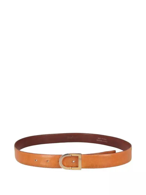Vintage Thin Leather Belt With Round Gold-tone Buckle - Marrone