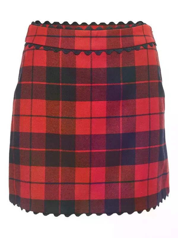 Moschino Scalloped Plaid Wool Blend Skirt - Red