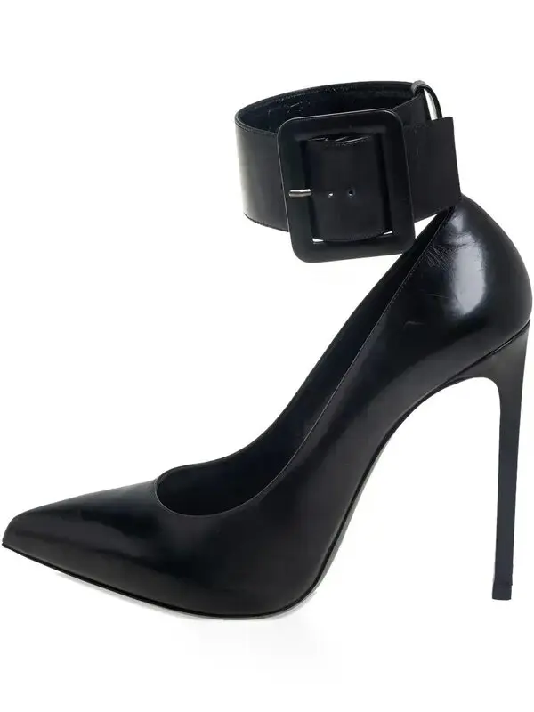 Saint Laurent Leather Pointed Toe Stiletto Pumps With Ankle Strap - Black