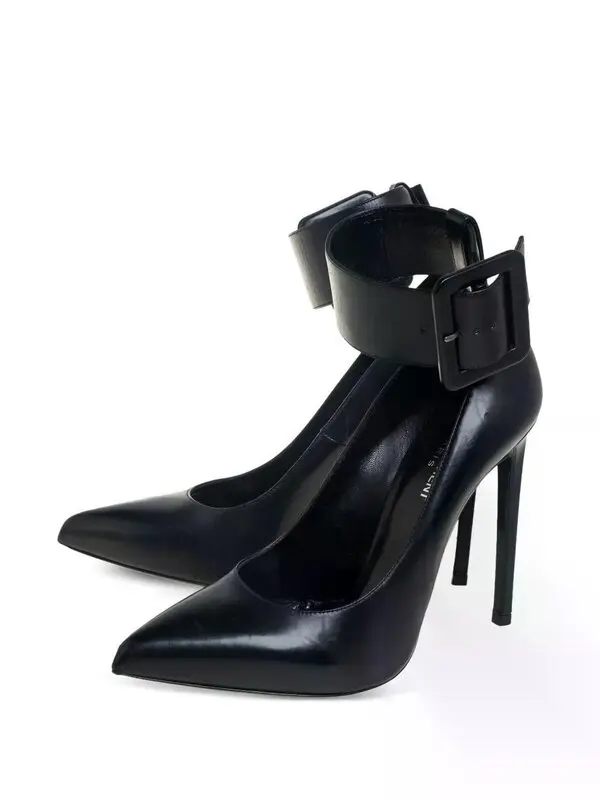 Saint Laurent Leather Pointed Toe Stiletto Pumps With Ankle Strap