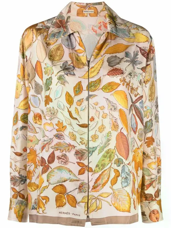 Hermès 1990s Leaf Print Silk Zip-up Shirt