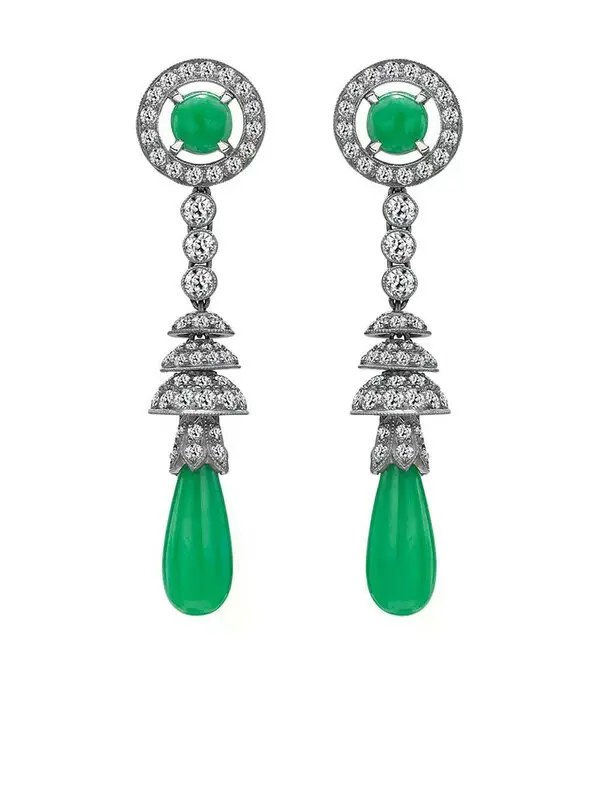 PRAGNELL Platinum Art Deco Jadeite And Diamond Drop Earrings - Silver