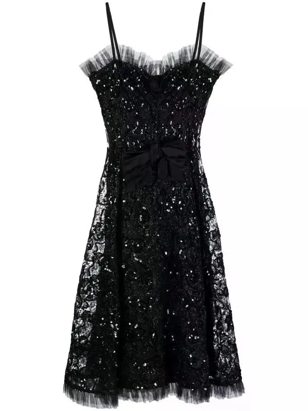 Saint Laurent 1980s Sequin Lace Flared Midi Dress - Black