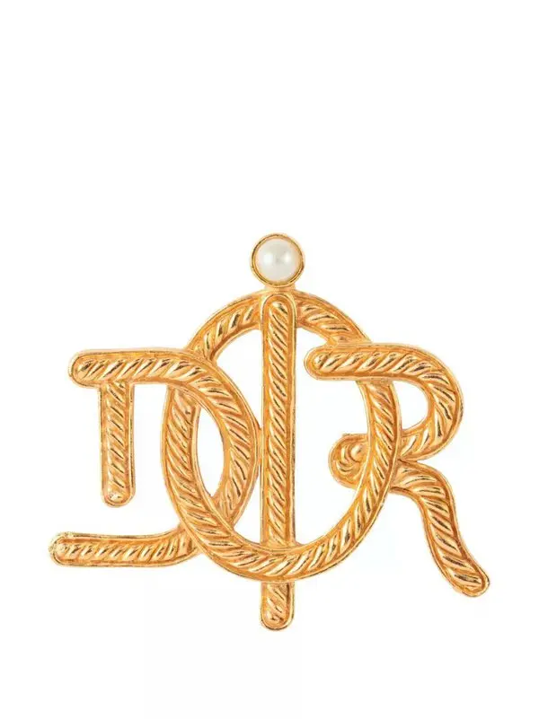 Dior 1980s -tone Logo Embellished Faux Pearl Brooch - Gold