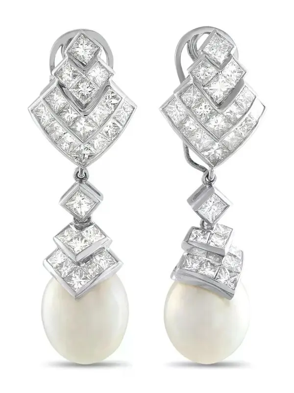 LB EXCLUSIVE 18k White Gold Diamond And Pearl Drop Earrings - Silver