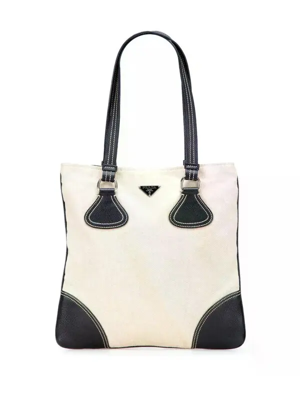 Prada Vitello Trimmed Canvas Canapa Tote Bag