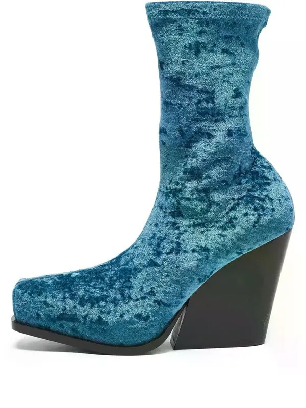 Stella McCartney Velvet Zip Up Square Toe Block Heel Boots - Blue