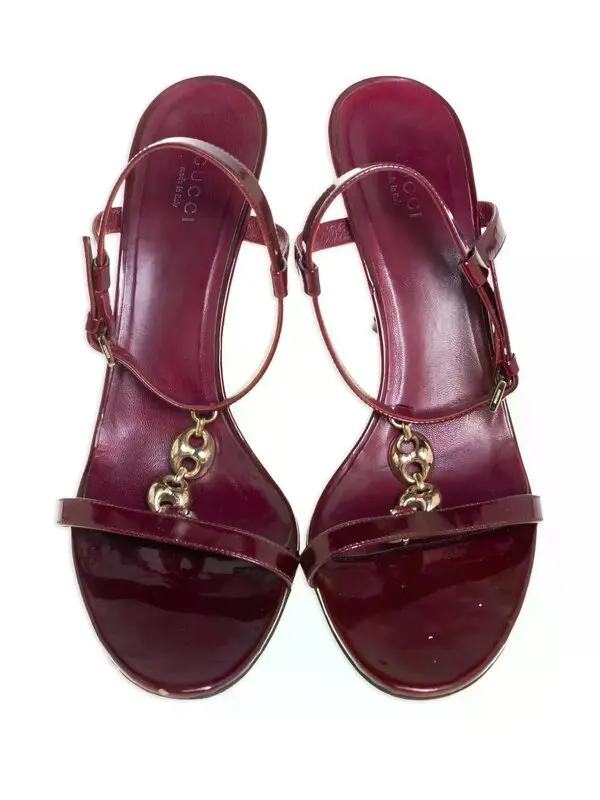 Gucci Bordeaux Patent Leather Chain-link Stiletto Sandals