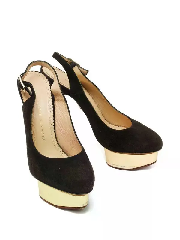 CHARLOTTE OLYMPIA Suede Gold-tone Platform Slingback Stiletto Heels