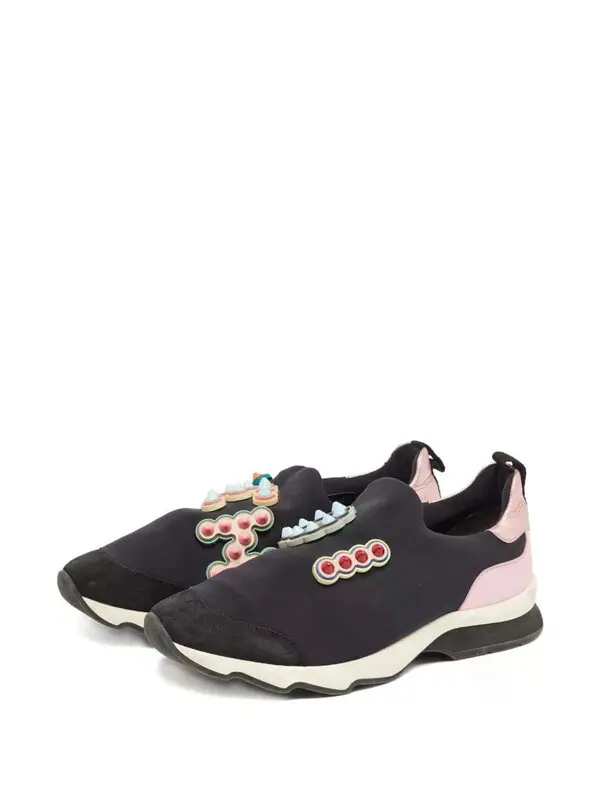 Fendi Suede And Fabric Sneakers With Pink Leather Heel And Stud Embellishments - Black