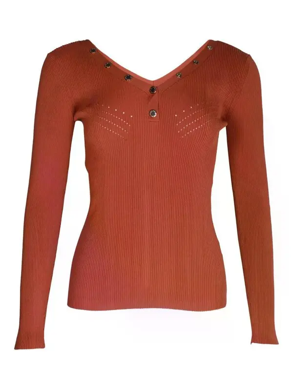 Sandro Ribbed Stud-detail V-neck Long Sleeve Sweater