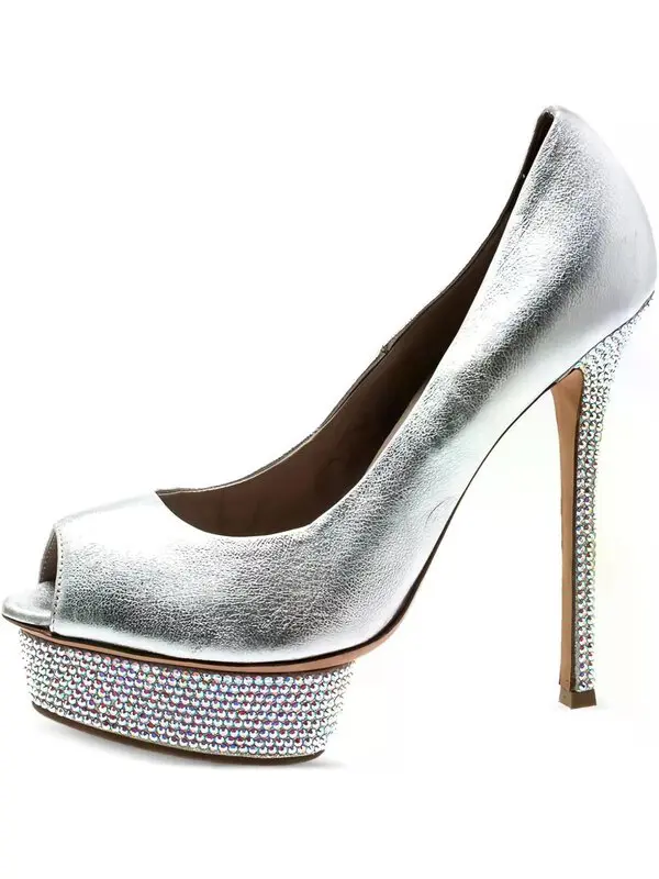 LE SILLA Tone Leather Heeled Pumps With Crystal Embellishments - Silver