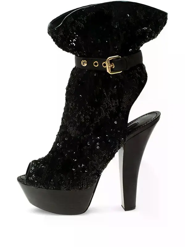 LOUIS VUITTON Sequin-embellished Peep-toe Boots - Black