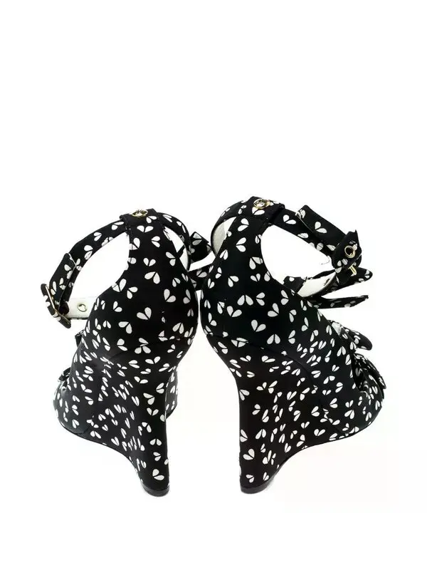LOUIS VUITTON Floral Print Wedge Sandals With Bow Embellishments - Black