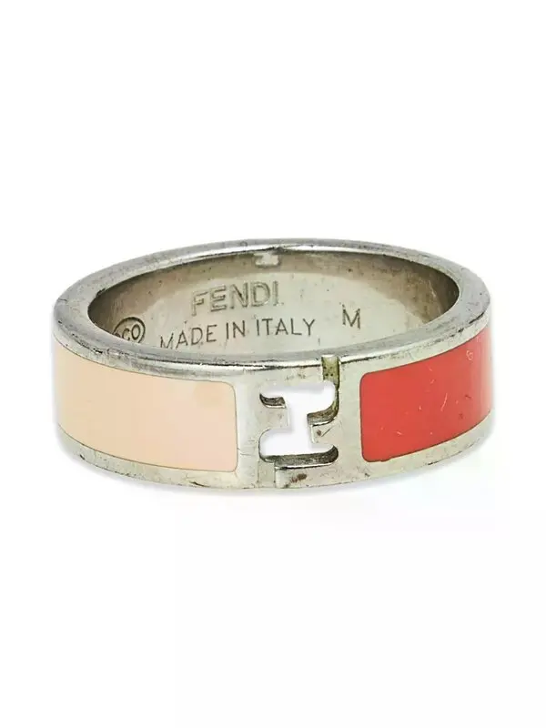 Fendi Tone Enamel Detail Flat Band Ring - Silver