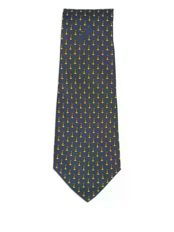Vintage Silk Neck Tie With Anchor Motif - Blue