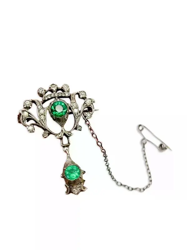 JENNIFER GIBSON JEWELLERY Vintage Austro-hungarian Emerald And Diamond Brooch With Chain