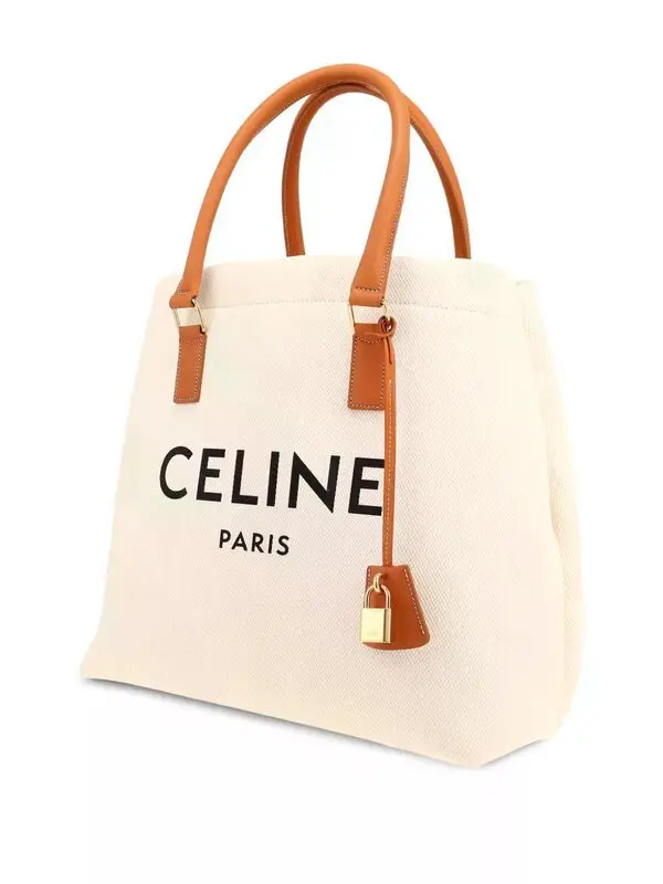 Celine Logo Print Leather Trimmed Tote Bag