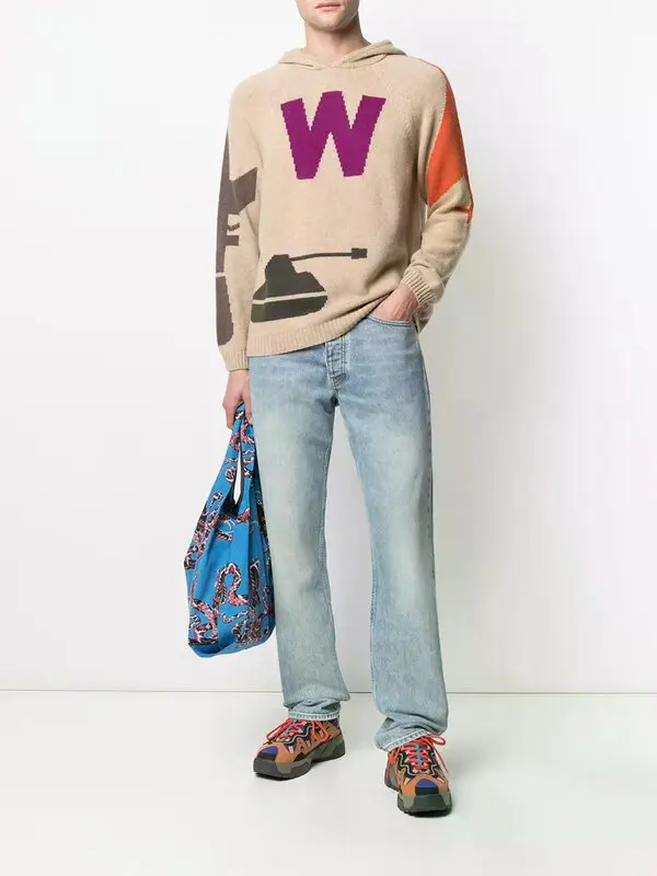 WALTER VAN BEIRENDONCK W" Intarsia Knit Hoodie - Neutrals