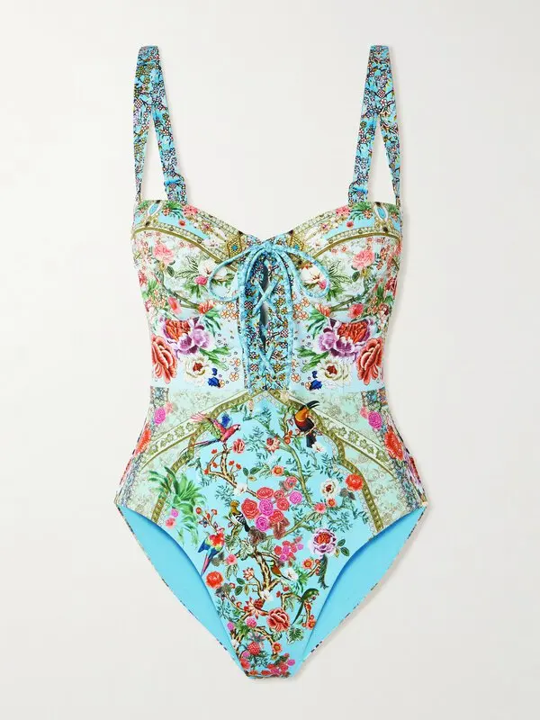 Camilla Lace-up Crystal-embellished Printed Recycled Swimsuit - Multi