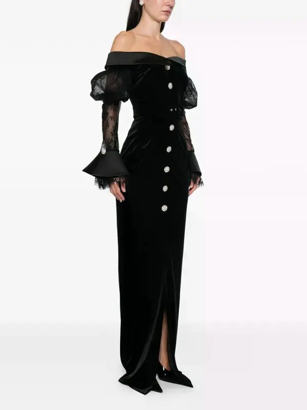 SILK LOVE & LACE Andrea Velvet Maxi Dress With Lace Sleeves - Black