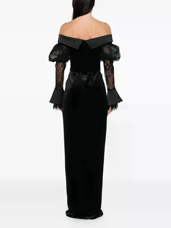 SILK LOVE & LACE Andrea Velvet Maxi Dress With Lace Sleeves - Black