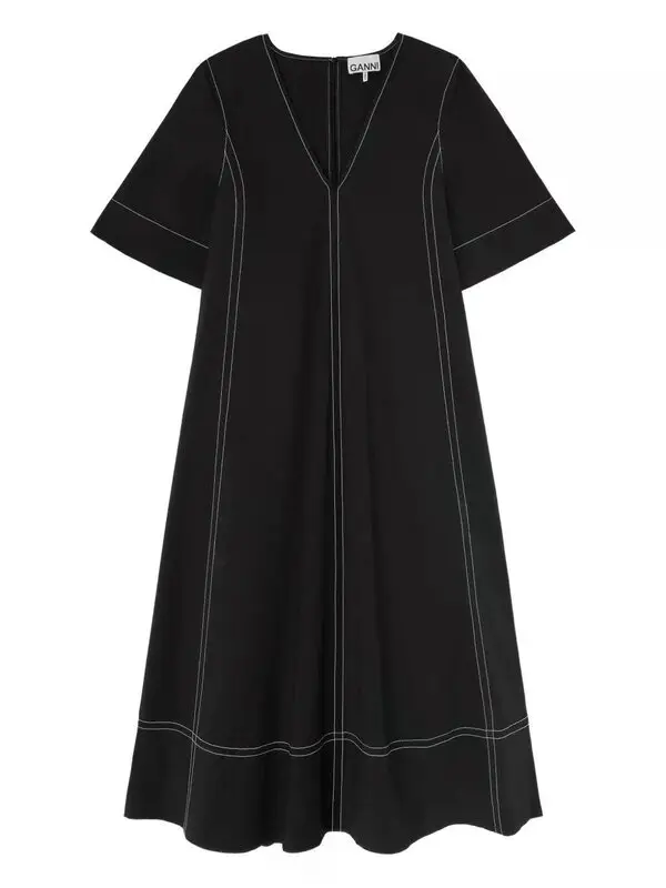 GANNI V-neck Short Sleeve Midi Dress With Contrast Stitching - Black
