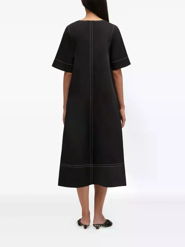 GANNI V-neck Short Sleeve Midi Dress With Contrast Stitching