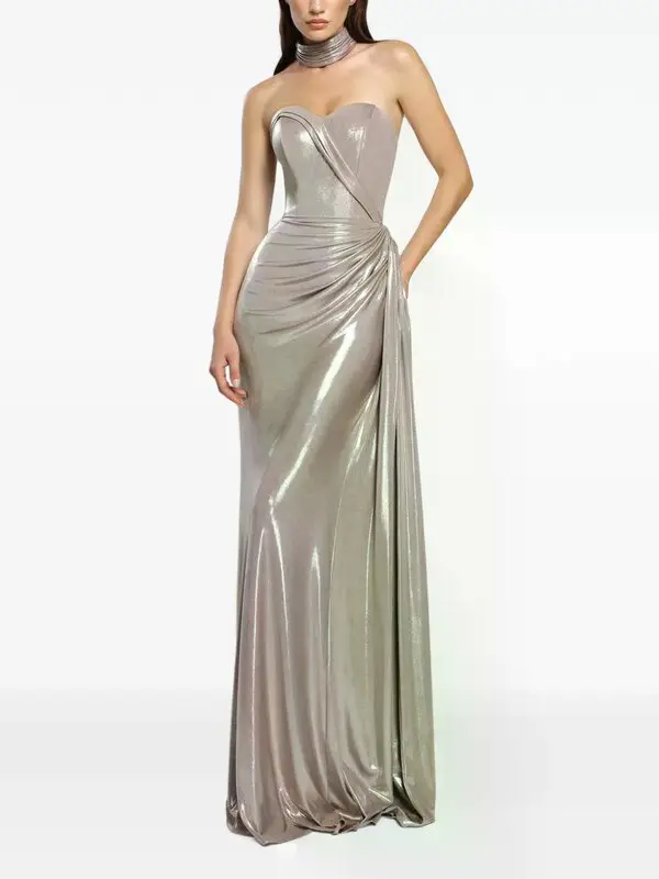 CRISTALLINI Angelina Draped Strapless Maxi Dress - Silver