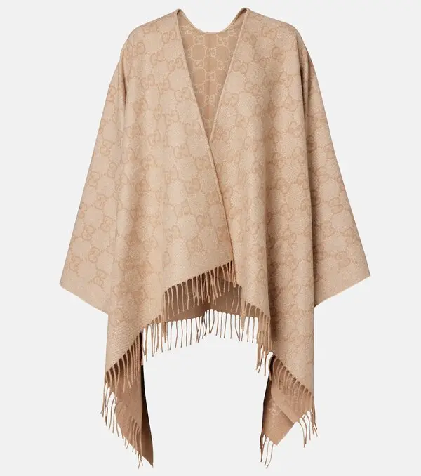 Gucci Gg Fringed Cashmere-blend Lame Cape - Beige