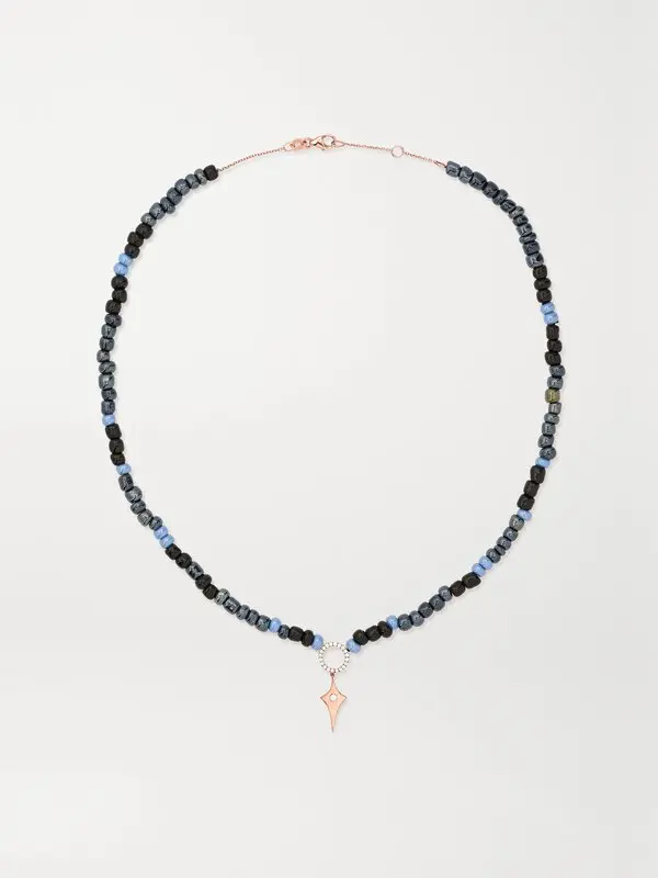 DIANE KORDAS 14kt Rose Gold Bead And Diamond Necklace - Blue