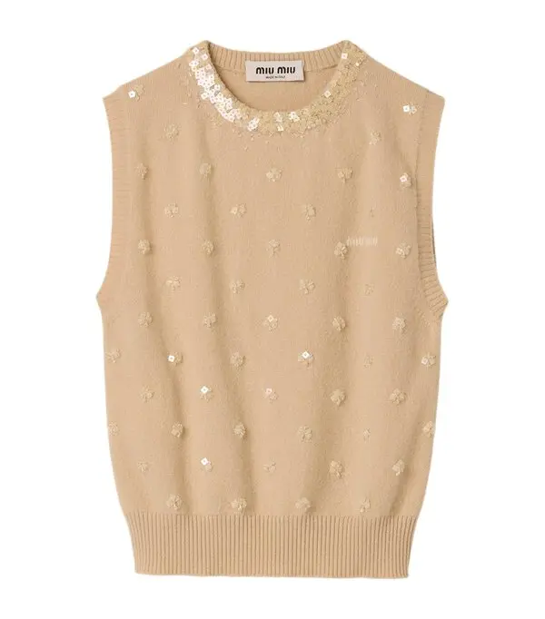 Miu Miu Cashmere Embellished Knit Waistcoat - Neutral